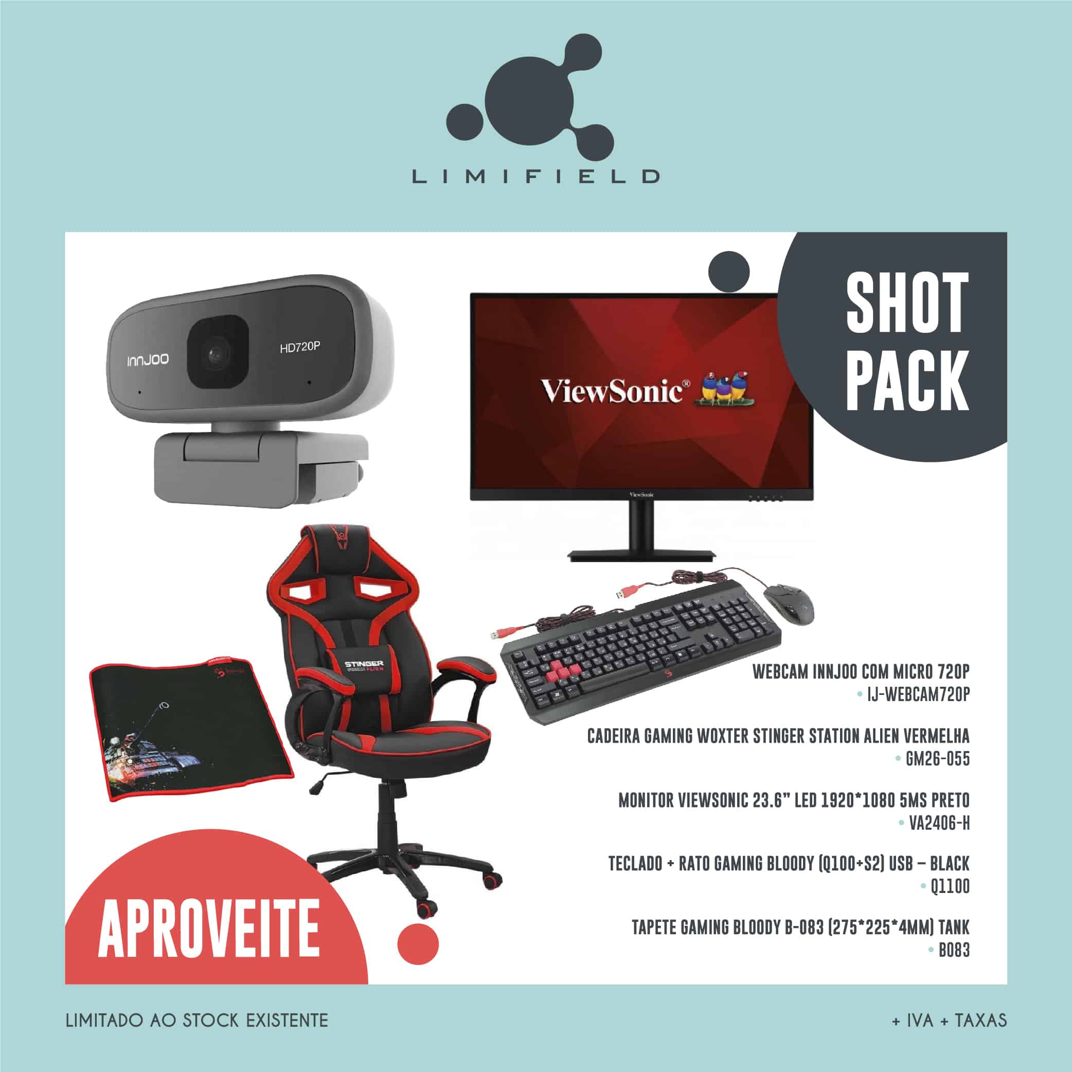 Shot Pack Webcam InnJoo 720P + Cadeira Gaming + Teclado + Rato ...